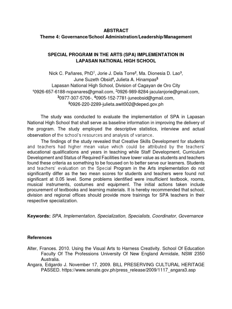 Special Program in The Arts (Spa) Implementation in Lapasan National ...