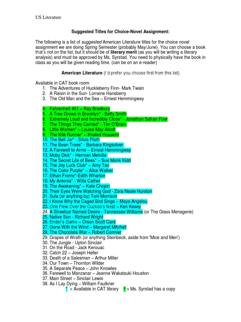 Suggested Titles For Choice Novel Assignment | PDF | English Language ...