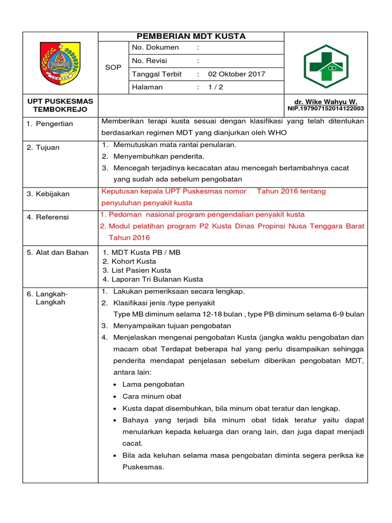 Prosedur Pemberian MDT Kusta | PDF
