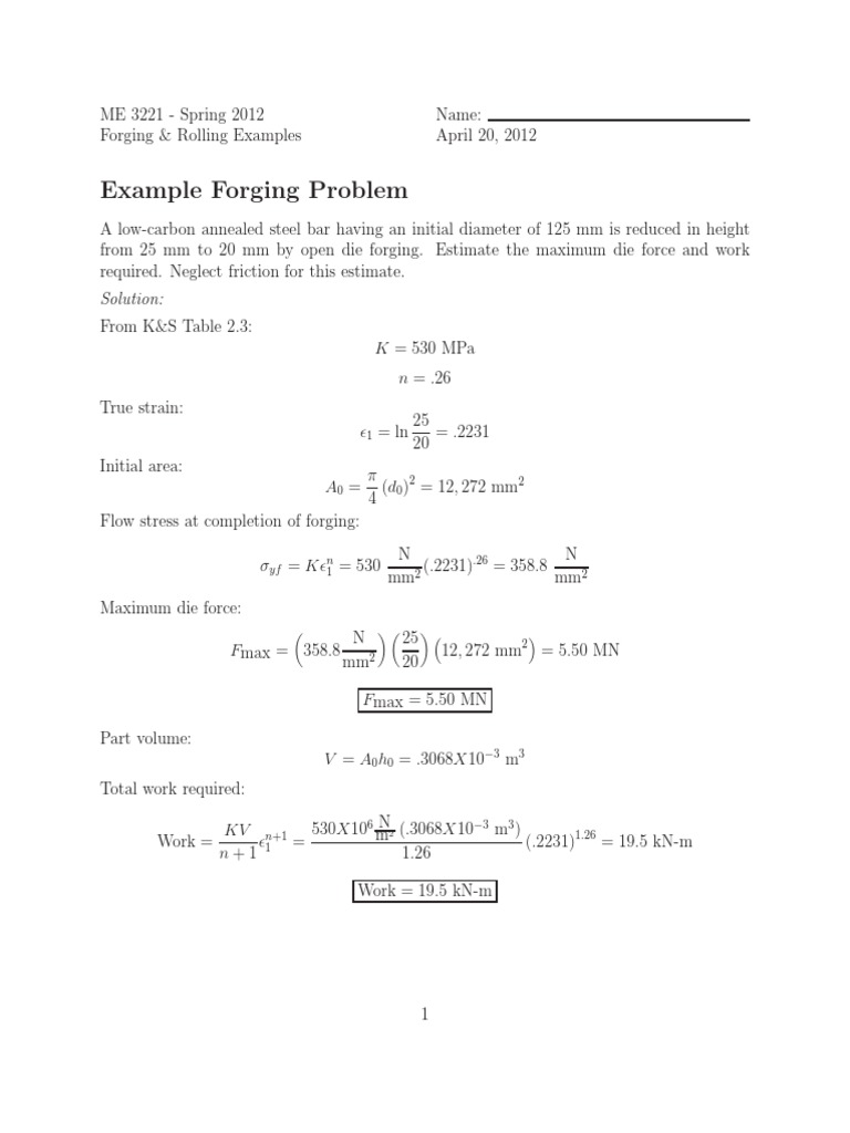 Example Forging Problem: Solution: K 530 Mpa N .26 | Download Free PDF ...