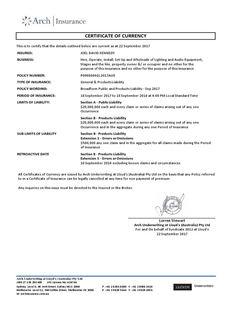 GL Australia Certificate of Currency - Joel David Kennedy | PDF ...
