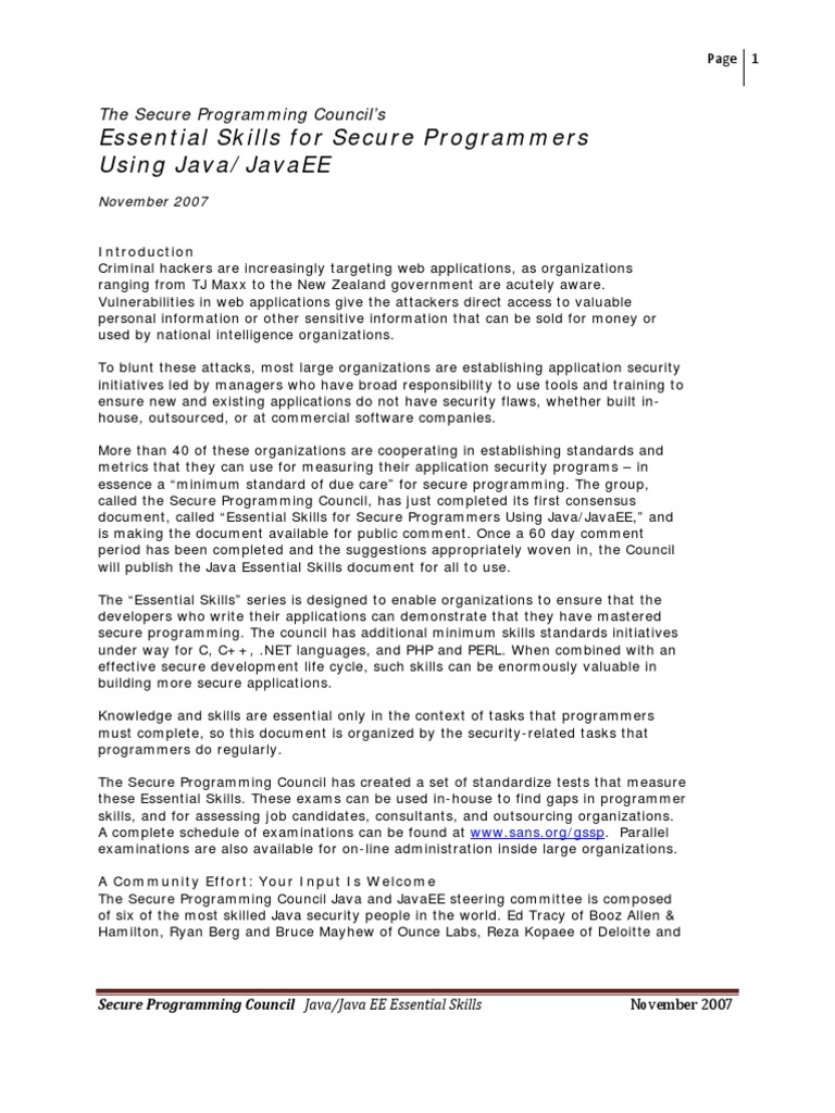 Secure Programming Council's Java/JavaEE Essential Skills | PDF | Access Control | Java ...