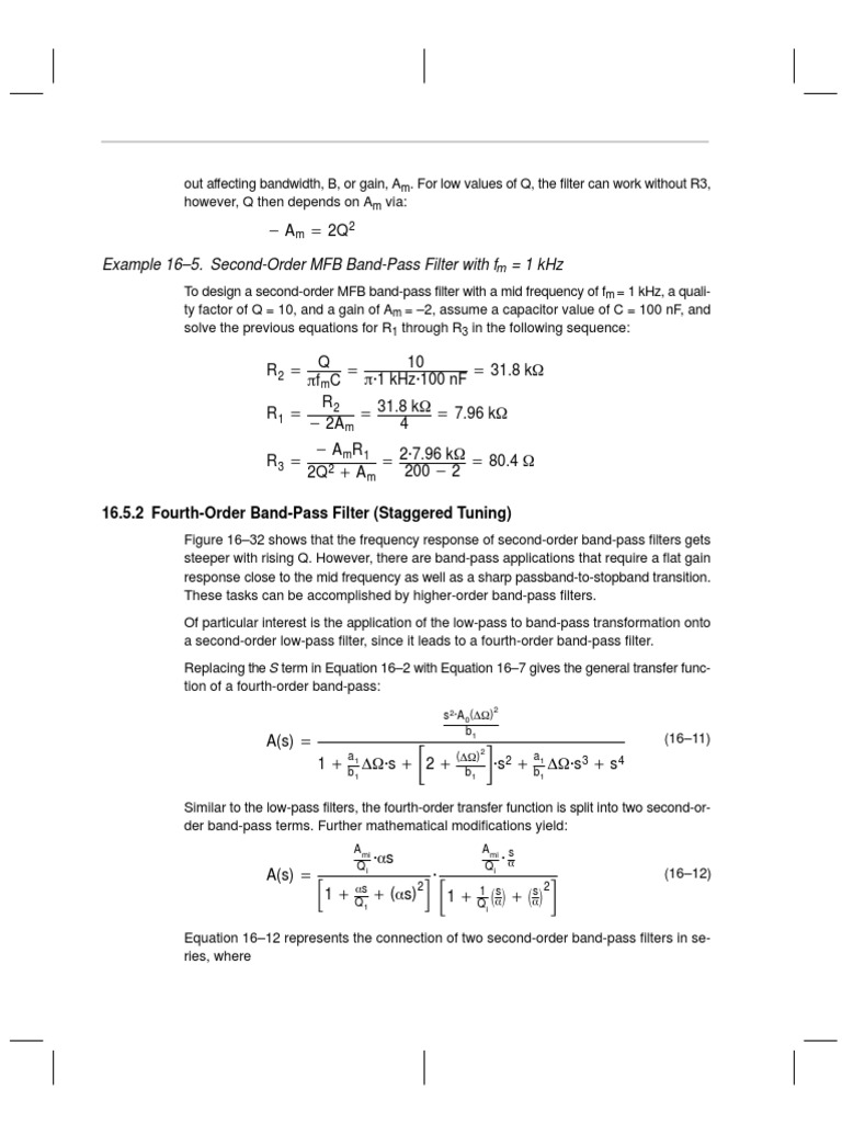 Example 16-5. Second-Order MFB Band-Pass Filter With F 1 KHZ | PDF ...