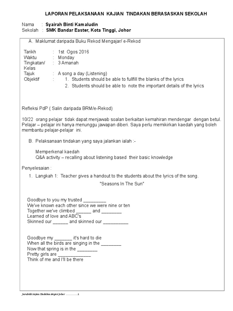 Contoh Pelaksanaan Tindakan Satu Helai | PDF | Behavior Modification ...