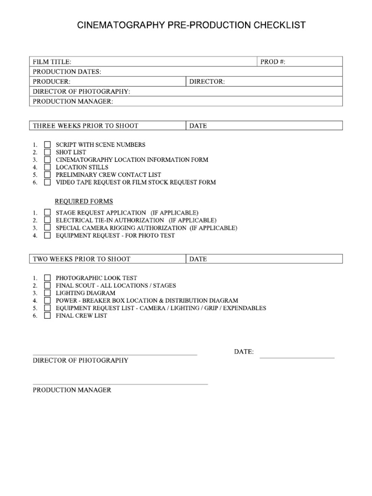 Cinematography Pre-Production Checklist | PDF