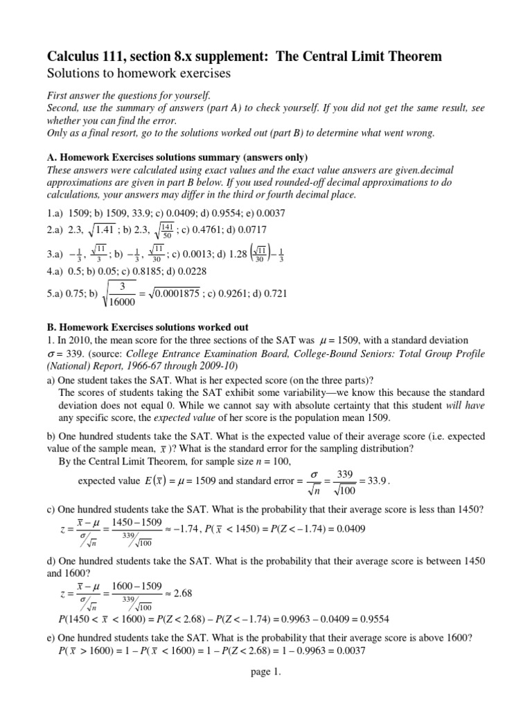 111 08.x Supplement Central Limit Theorem Key PDF | Download Free PDF | Errors And Residuals ...