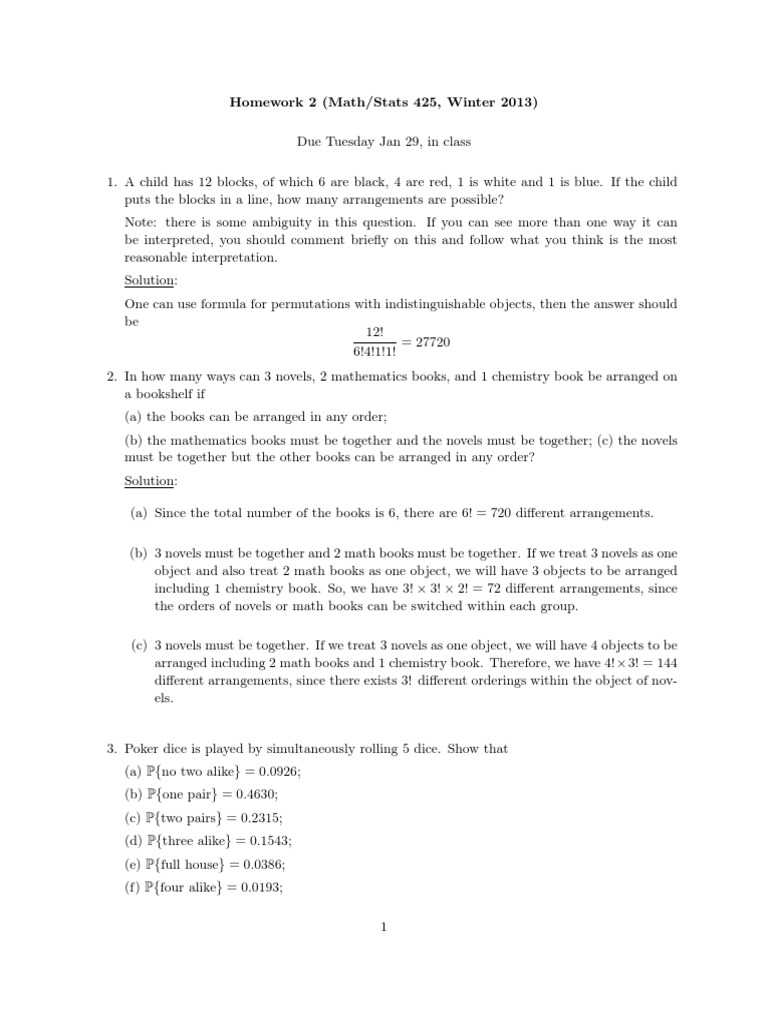 Hw2sol PDF | PDF | Probability | Dice