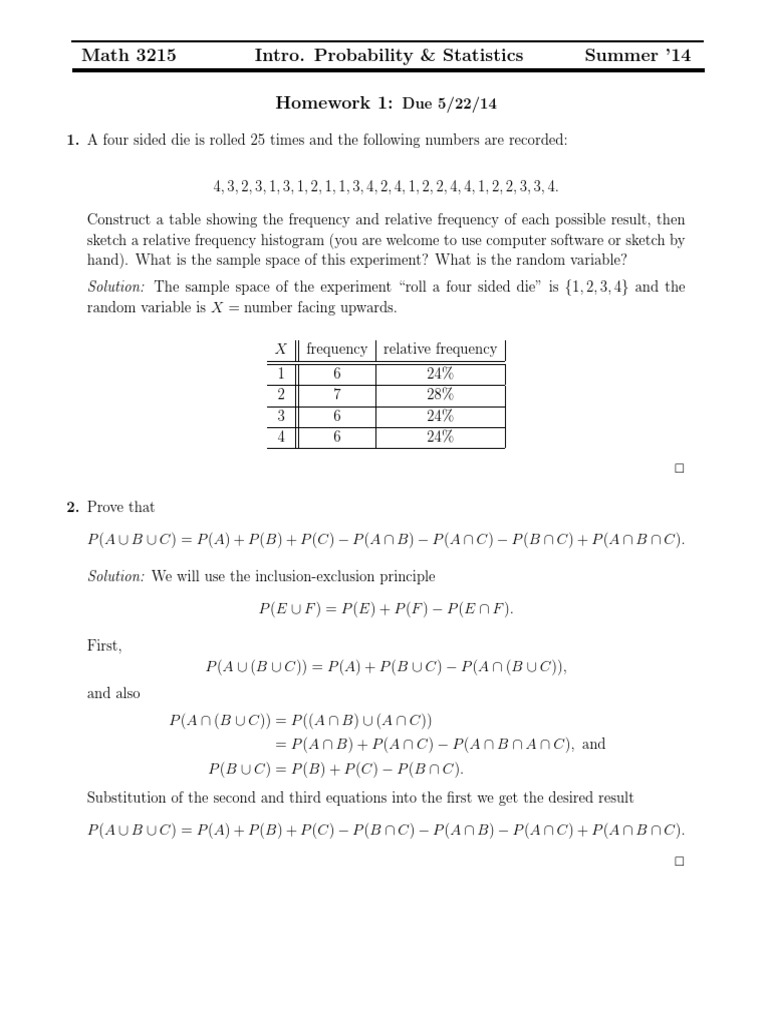 Math 3215 Intro. Probability & Statistics Summer '14 Homework 1 | PDF ...