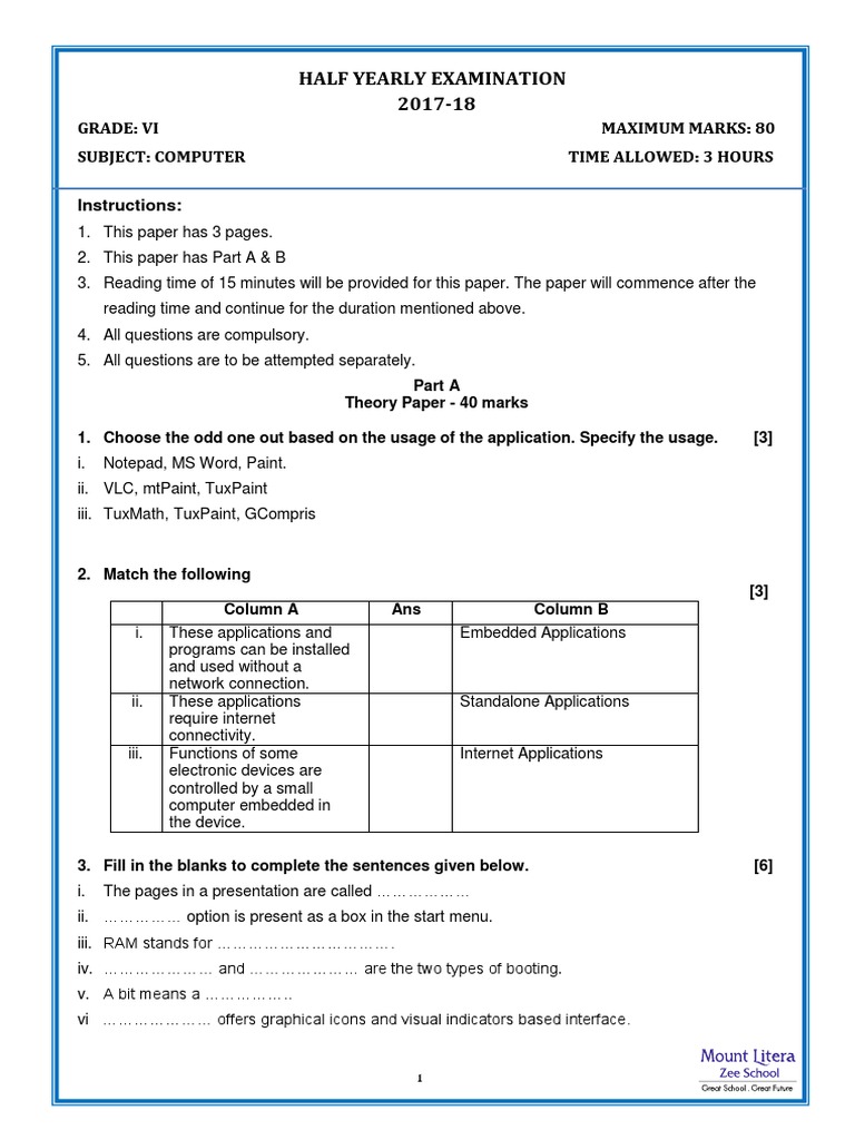 Half Yearly Examination 2017-18: Grade: Vi Maximum Marks: 80 Subject ...