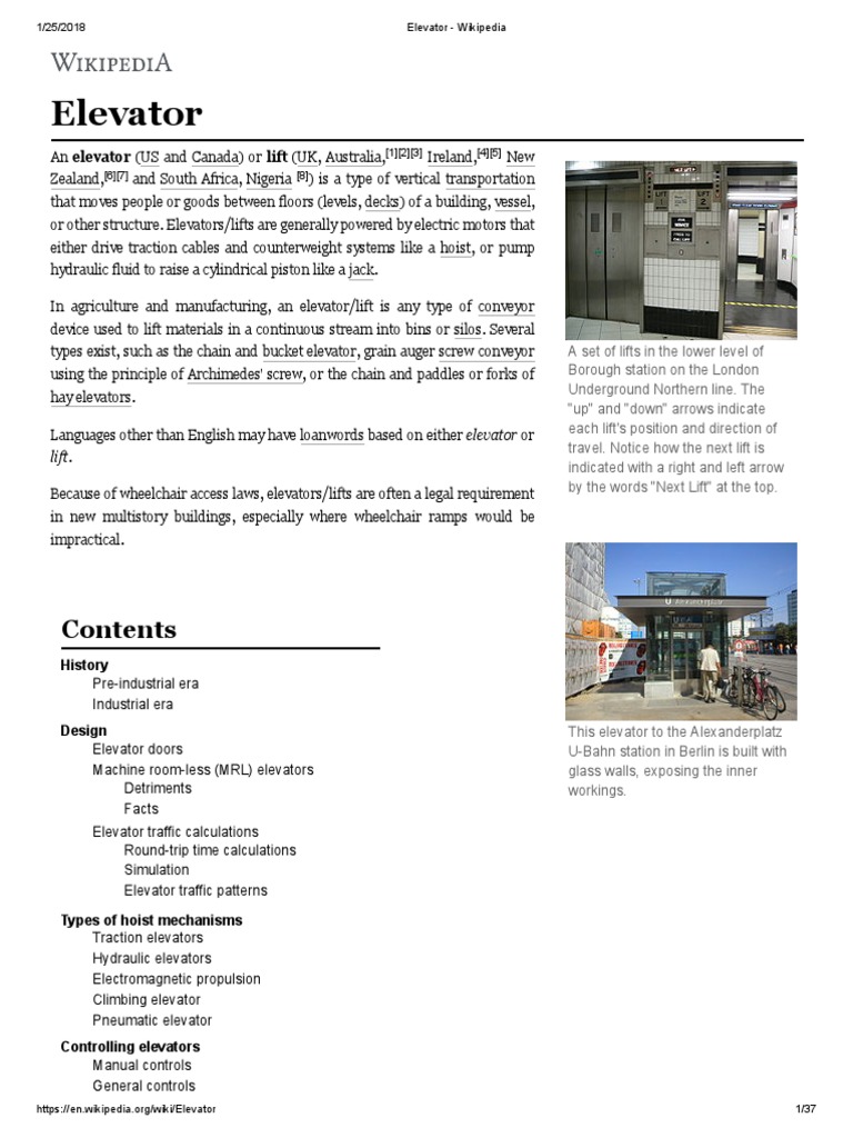 Elevator - Wikipedia.pdf | Elevator | Transmission (Mechanics) | Free ...