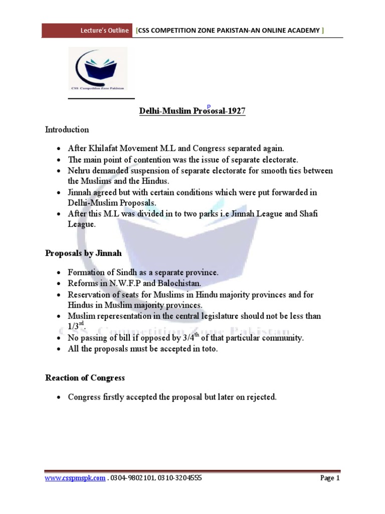 6- Delhi Muslim Proposal -1927 | Muhammad Ali Jinnah | Indian National ...