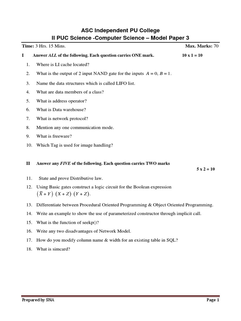 ASC Independent PU College II PUC Science - Computer Science - Model ...