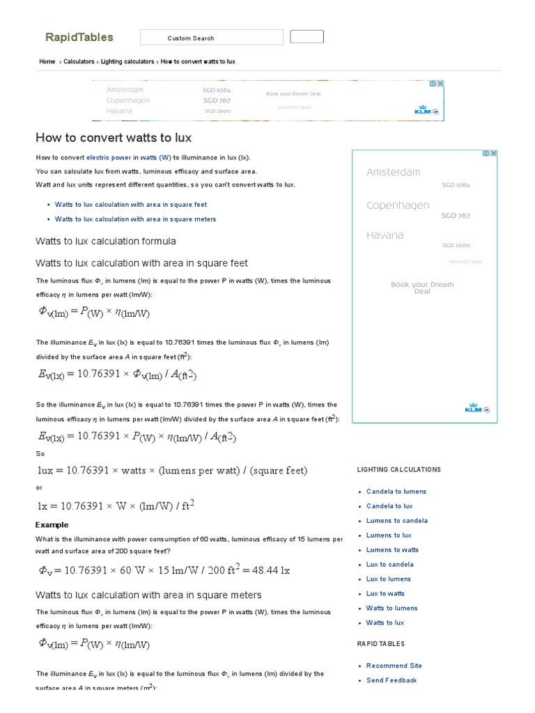 UV Lux Calculation | Psychophysics | Electrical Components