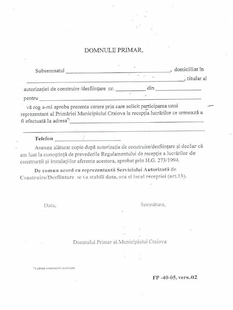 Cerere Receptie Lucrari - Primarie | PDF