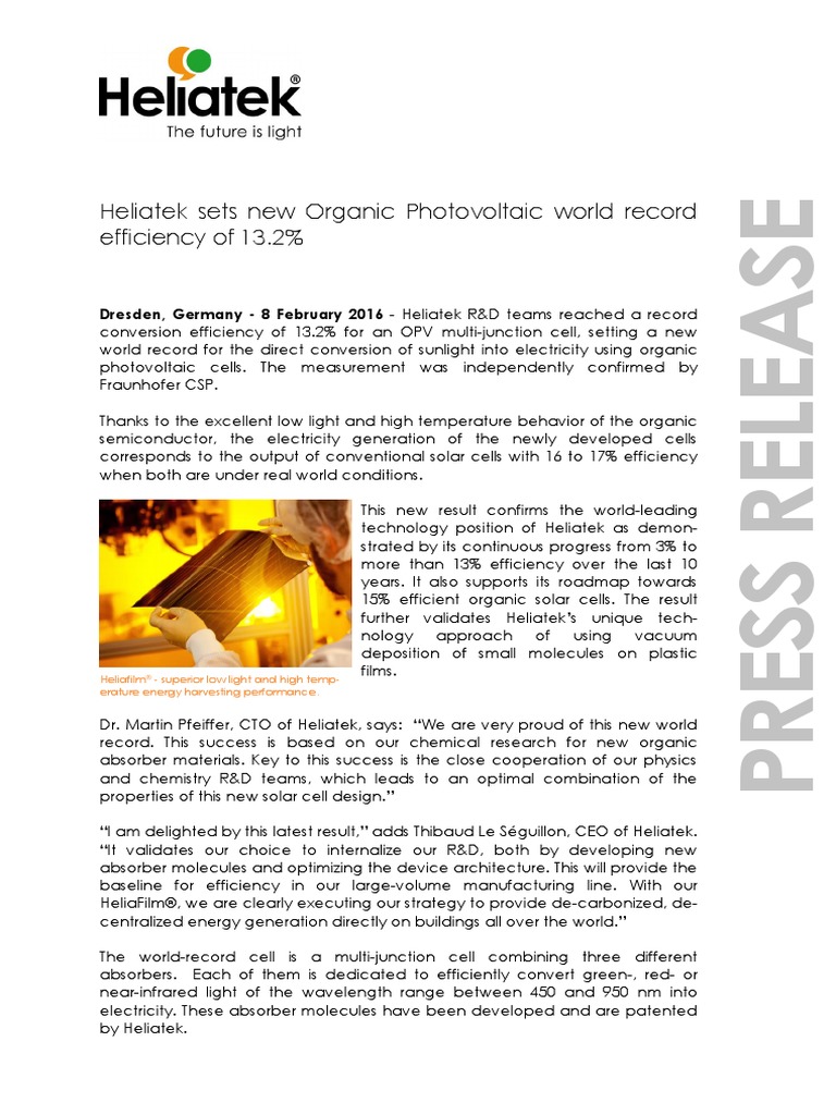 Heliatek Sets New Organic Photovoltaic World Record Efficiency of 13.2% ...
