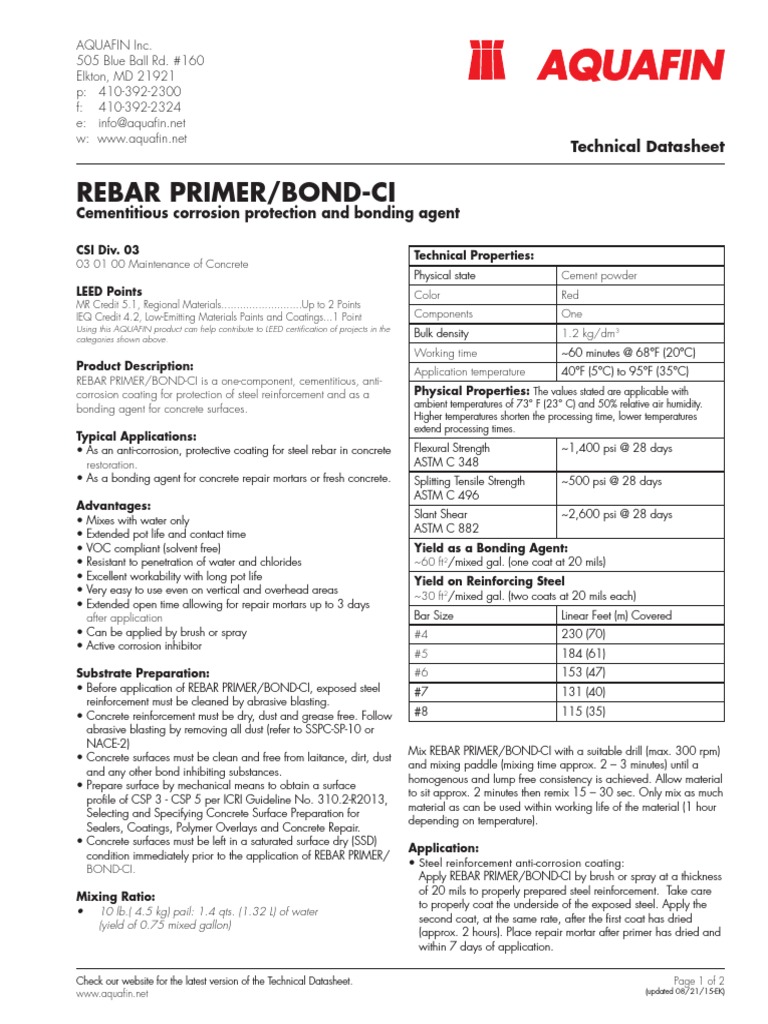 Rebar Primer/Bond-Ci: Cementitious Corrosion Protection and Bonding ...