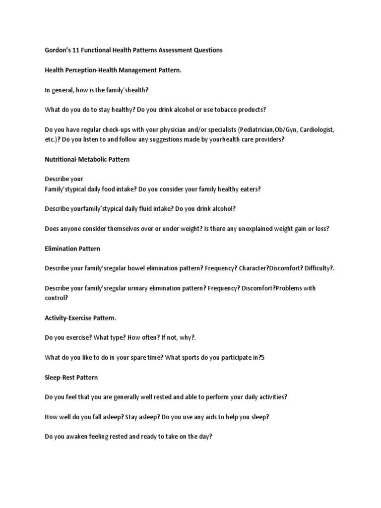 Gordon's 11 Functional Health Patterns Assessment Questions Health ...