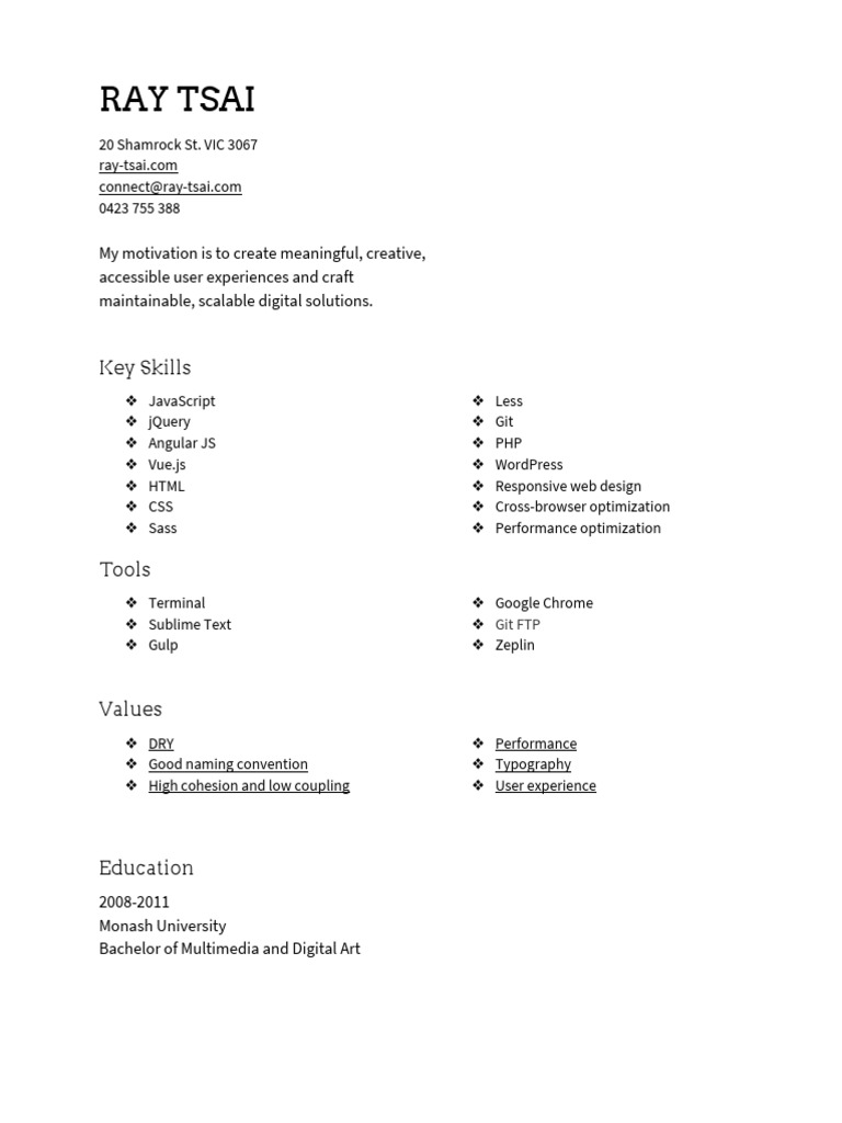 Ray Tsai: Key Skills | Download Free PDF | Java Script | J Query