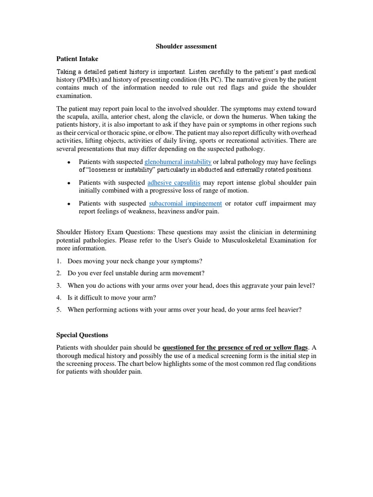 Shoulder Assessment Patient Intake: Glenohumeral Instability | PDF ...