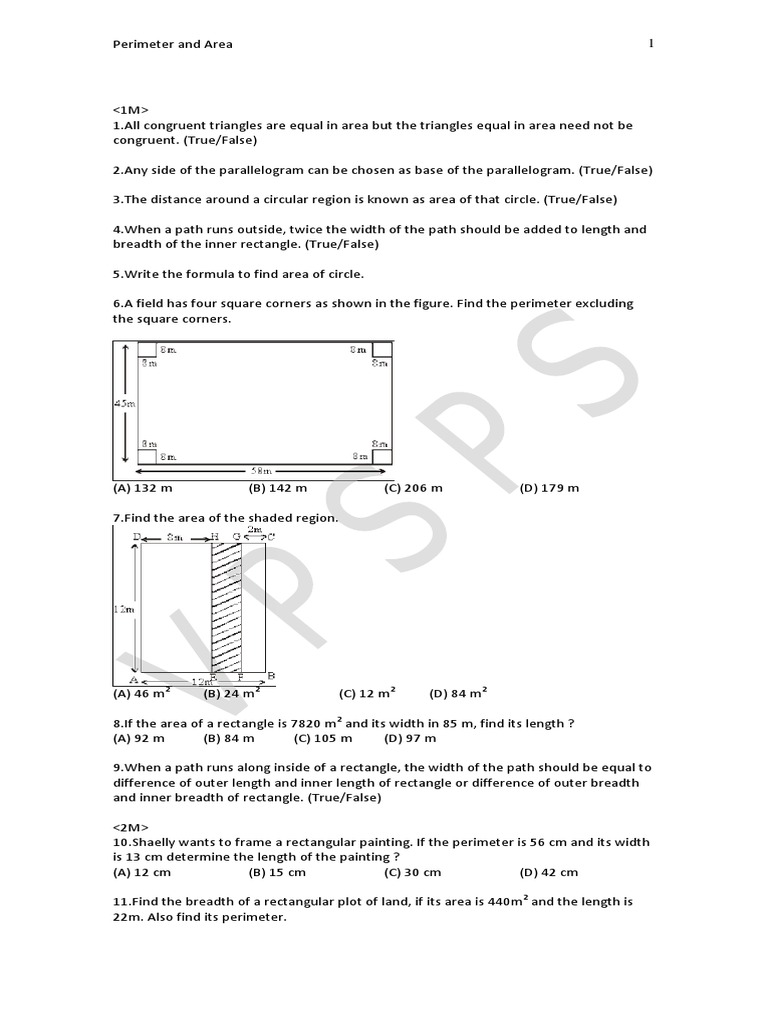 CBSE Class 7 Maths Worksheet - Perimeter and Area | PDF | Area | Rectangle