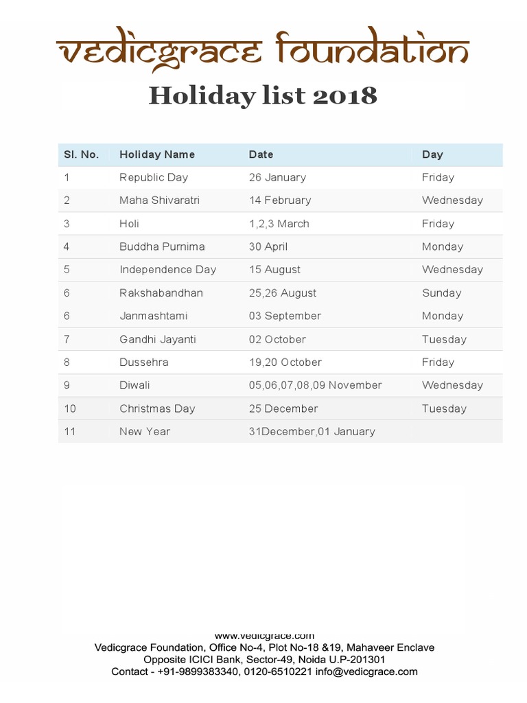 2018 Holiday Calendar: National Holidays and Restricted Holiday Options ...