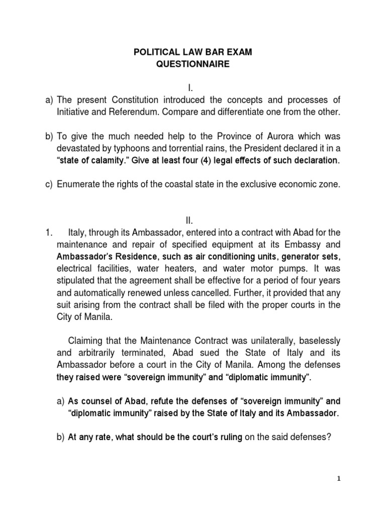 Political Law Bar Exam Questionnaire | PDF | Lawsuit | Criminal Law