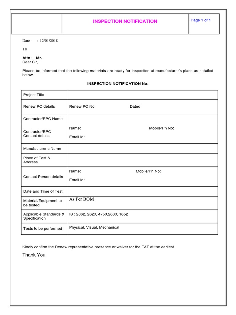 Inspection Notification: Attn: Mr