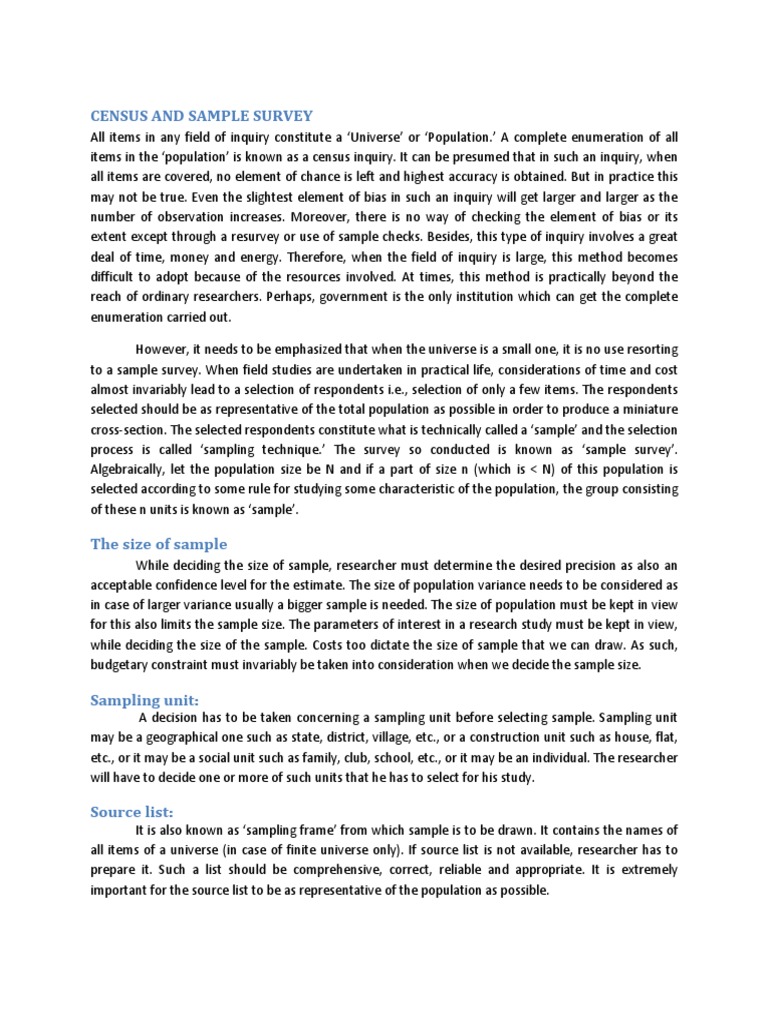 Census and Sample Survey | PDF | Sampling (Statistics) | Survey Methodology