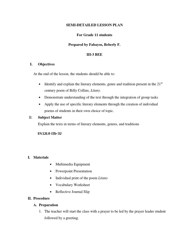 Semi-Detailed Lesson Plan For Grade 11 S | PDF | Poetry | Lesson Plan