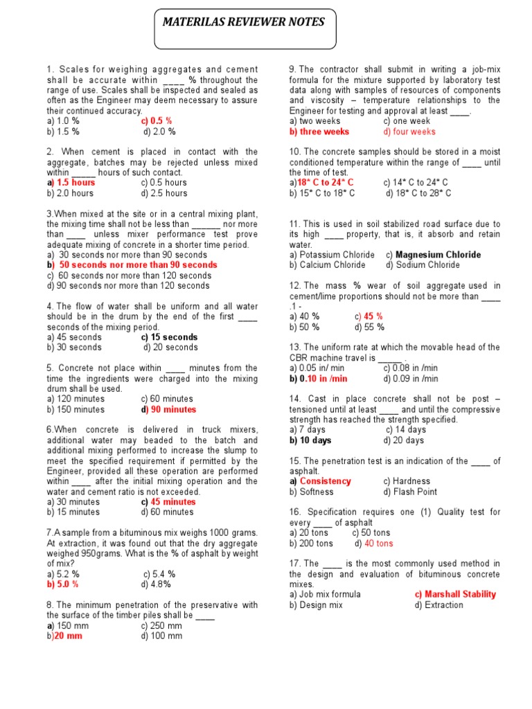 Materials Engineer Test Reviewer | PDF | Asphalt | Concrete