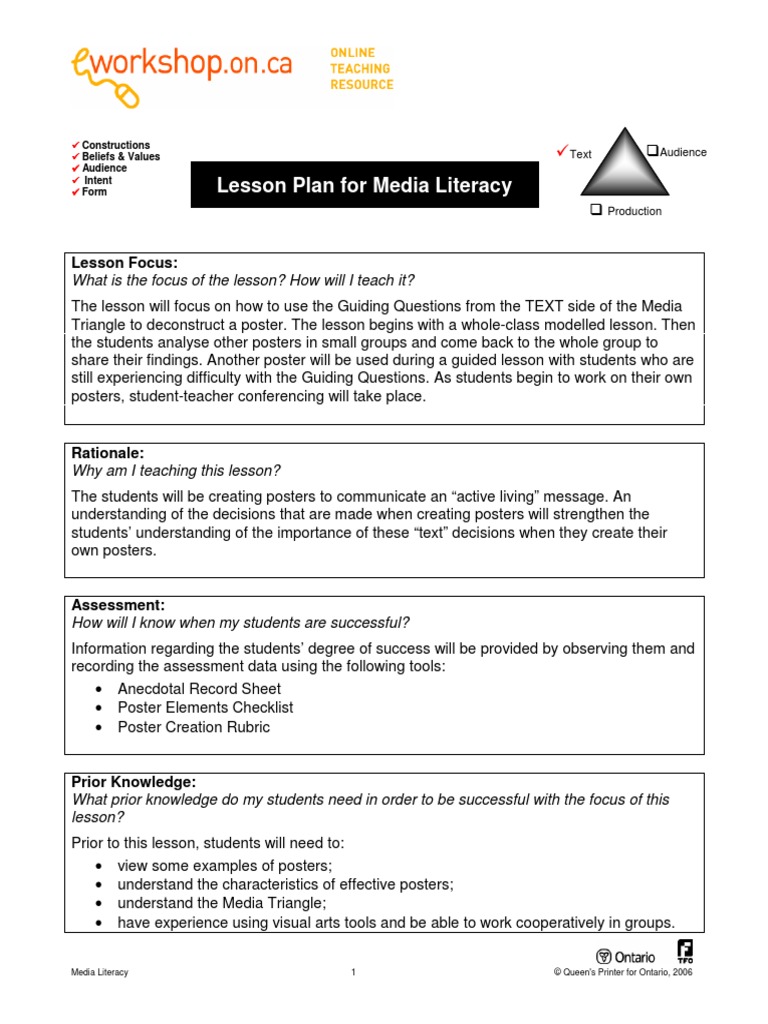 Lesson Plan For Media Literacy | PDF | Poster | Literacy