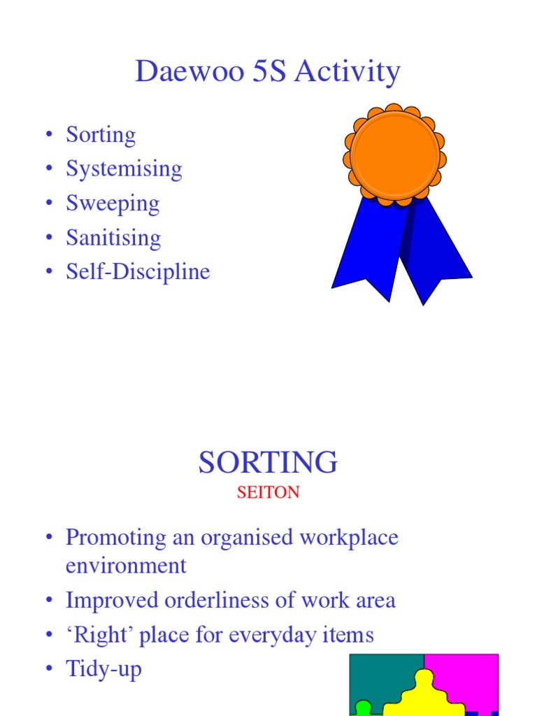 Daewoo 5S Activity: - Sorting - Systemising - Sweeping - Sanitising ...