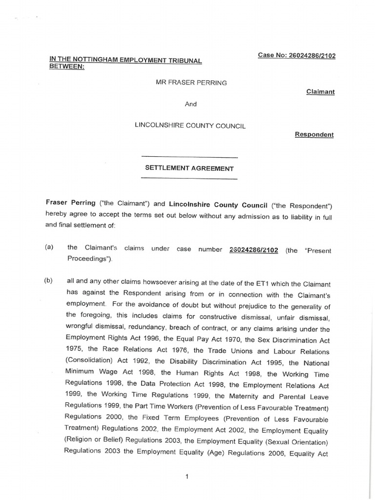 Settlement Agreement, Fraser John Perring vs. Lincolnshire County ...