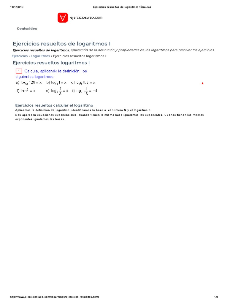 Ejercicios Resueltos de Logaritmos Fórmulas | PDF | Logaritmo | Exponenciación