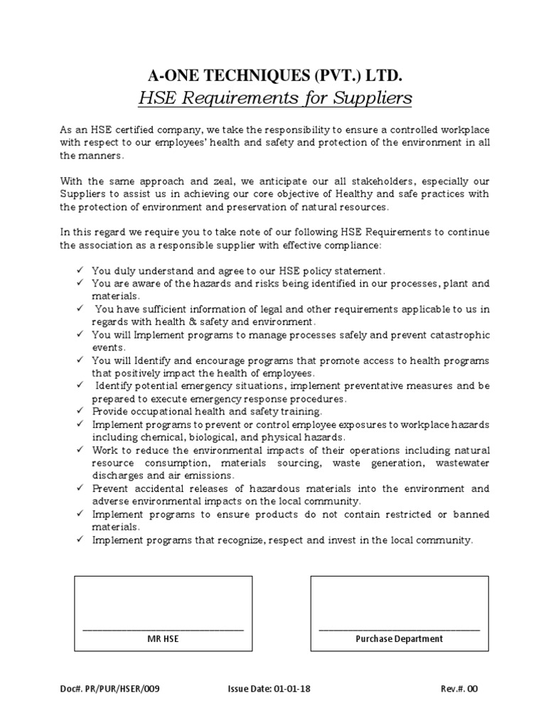 HSE Requirements For Suppliers | PDF