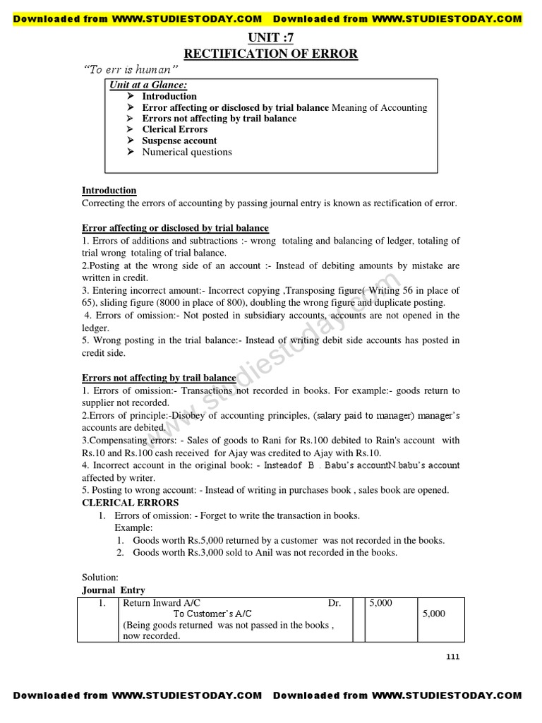 CBSE Class XI Accountancy - Rectification of Error | PDF | Corporate Jargon | Debits And Credits