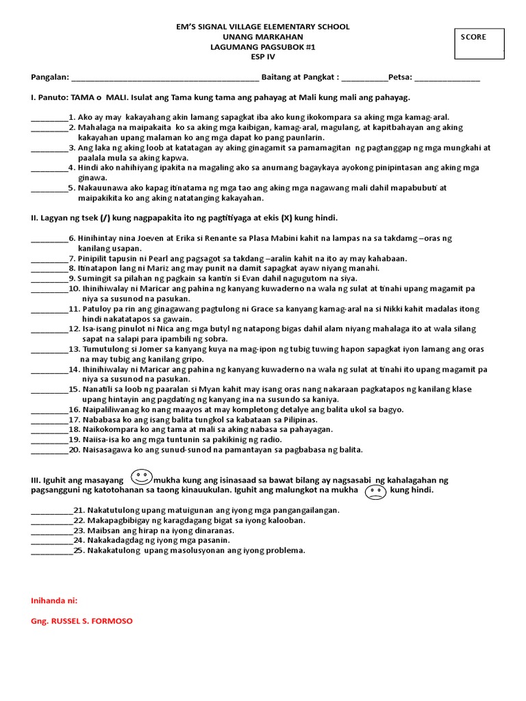 Summative Test in ESP Grade 4 | PDF