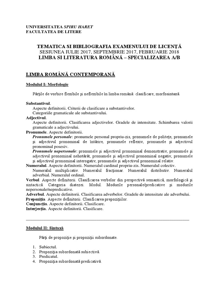 Romana Tematica Licenta 2017 | PDF