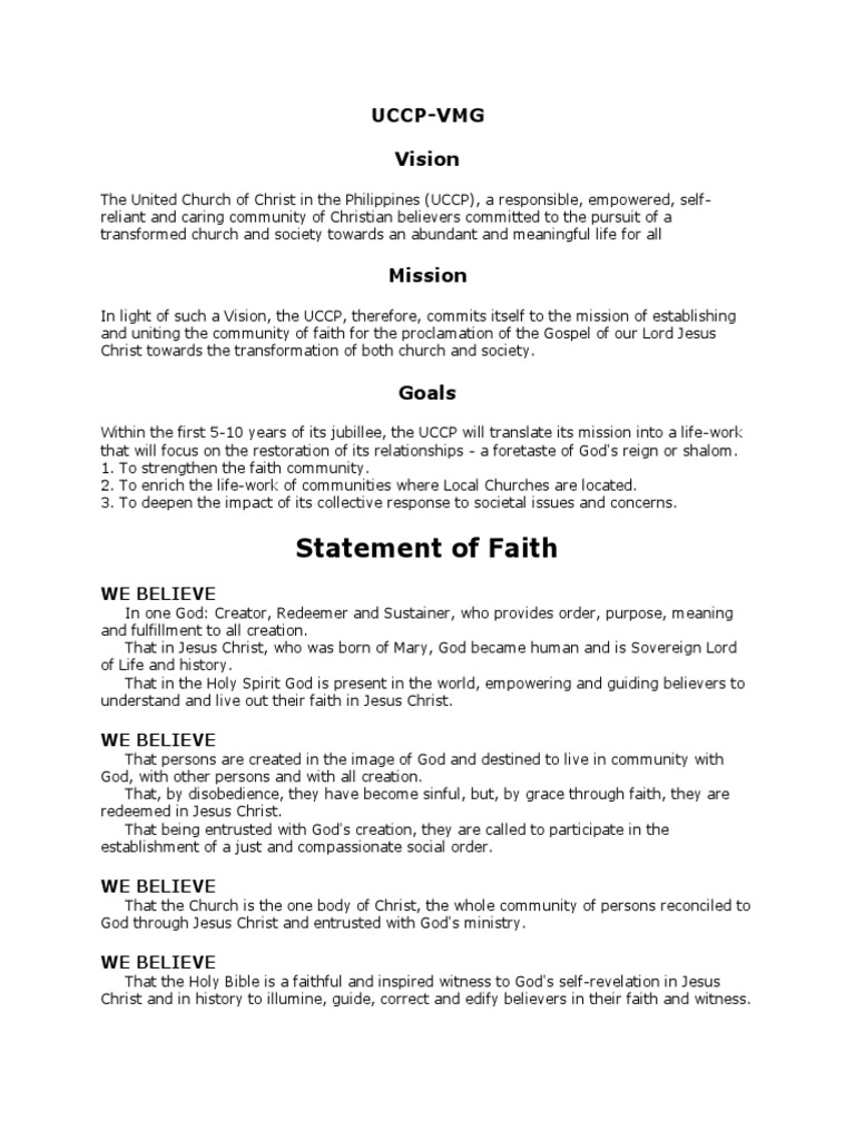 Statement of Faith: Uccp-Vmg Vision | PDF | Jesus | Christian Church