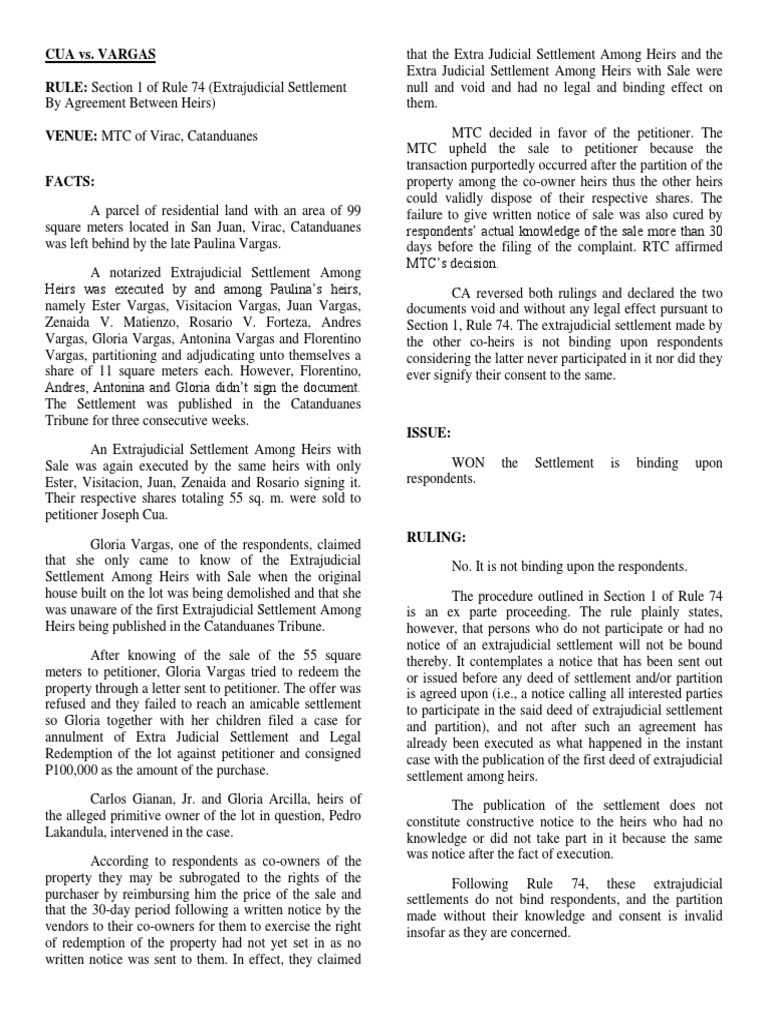Rule 74 - Cua Vs Vargas | PDF | Deed | Government Information