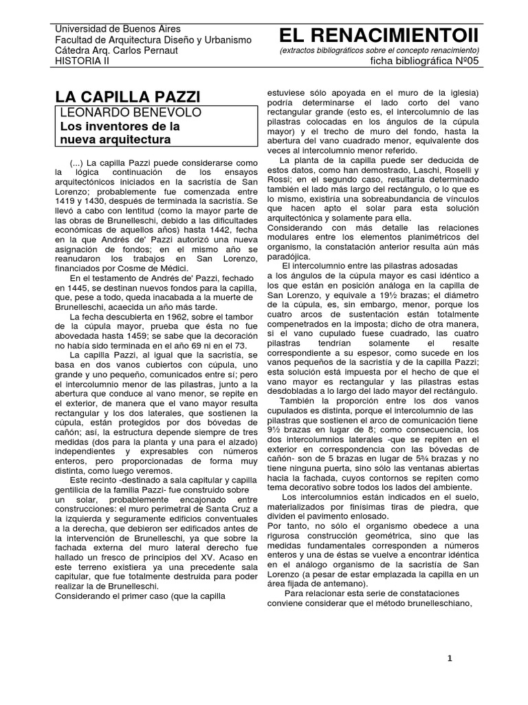 Ficha Bibliografica nc2b05 Renacimiento II Capilla Pazzi PDF | PDF | Hazme | Florencia