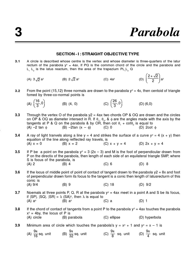 Parabola: Section - I: Straight Objective Type | PDF | Circle ...