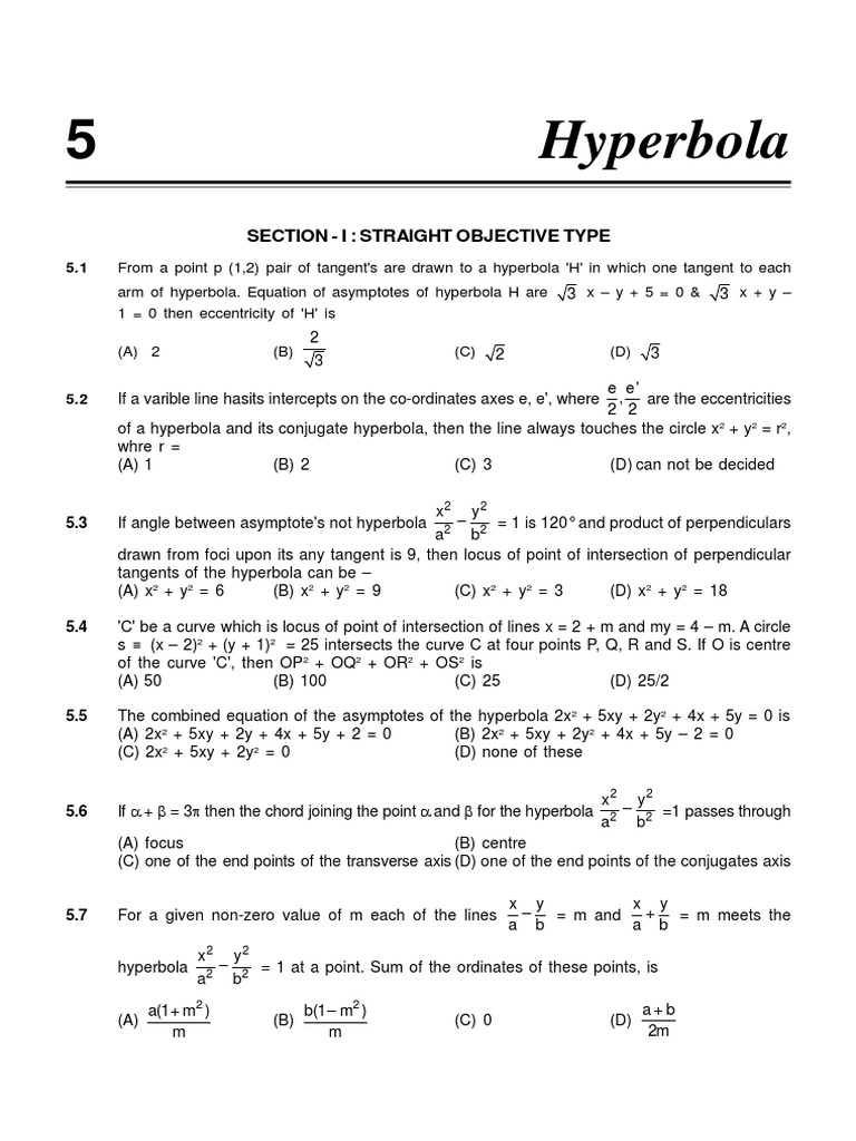 Hyperbola: Section - I: Straight Objective Type | PDF | Algebraic Geometry | Elementary Mathematics