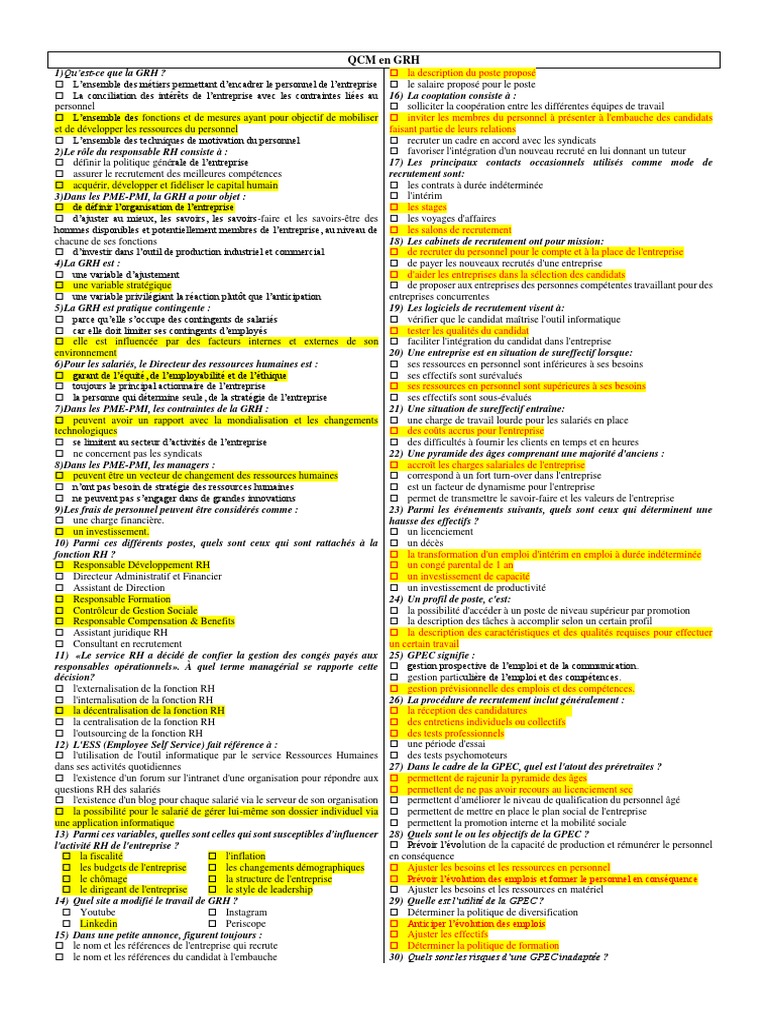 QCM GRH Corrigé | PDF | Gestion des ressources humaines | Recrutement