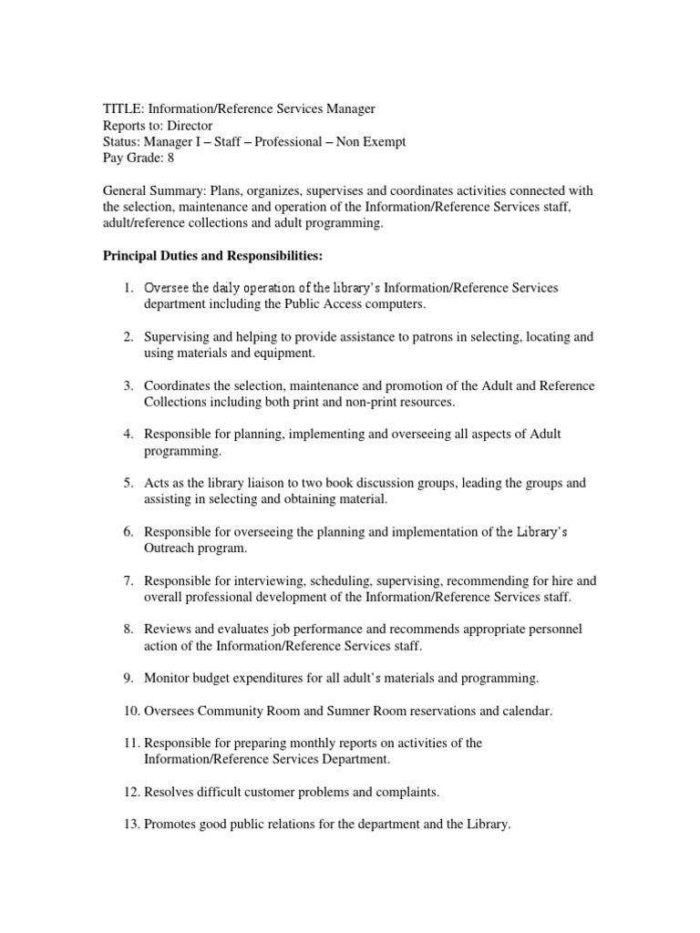 Principal Duties and Responsibilities | PDF | Libraries | Library Science
