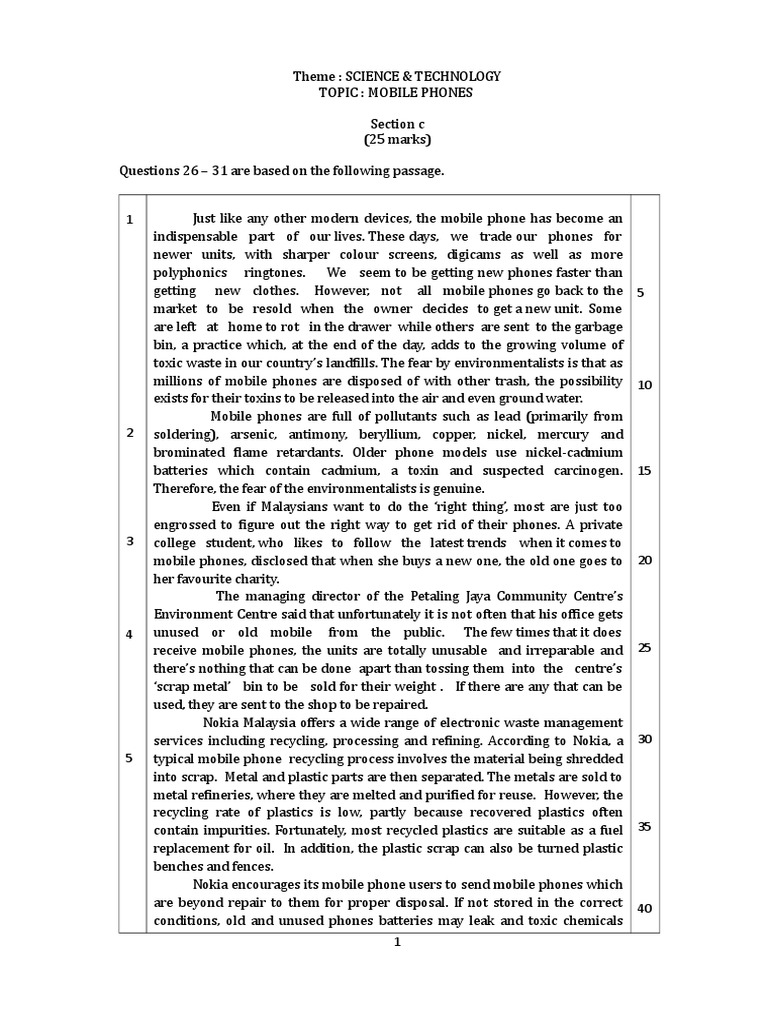 Reading Comprehension & Summary: Mobile Phones | PDF | Scrap | Recycling