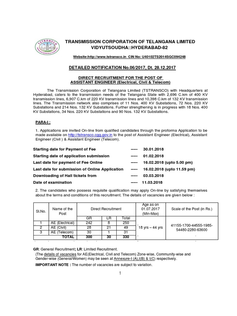 TSTRANSCO Recruitment For Assistant Engineers Official Notification ...