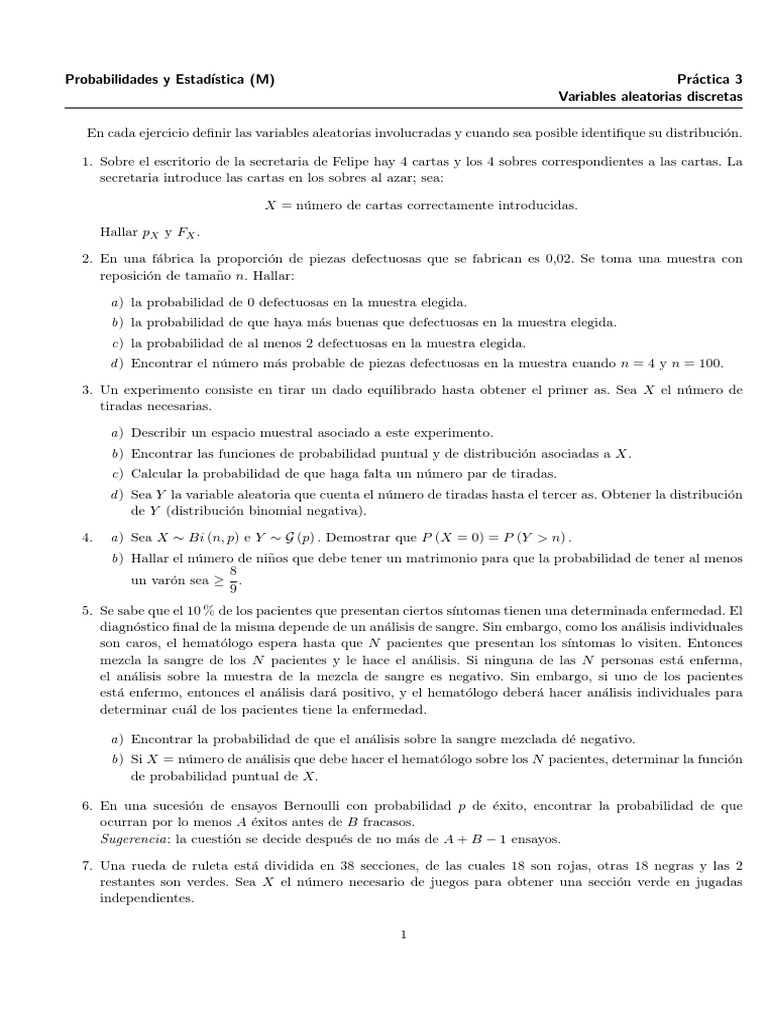 Práctica de variables aleatorias discretas y sus distribuciones | PDF | Probabilidad | Variable ...