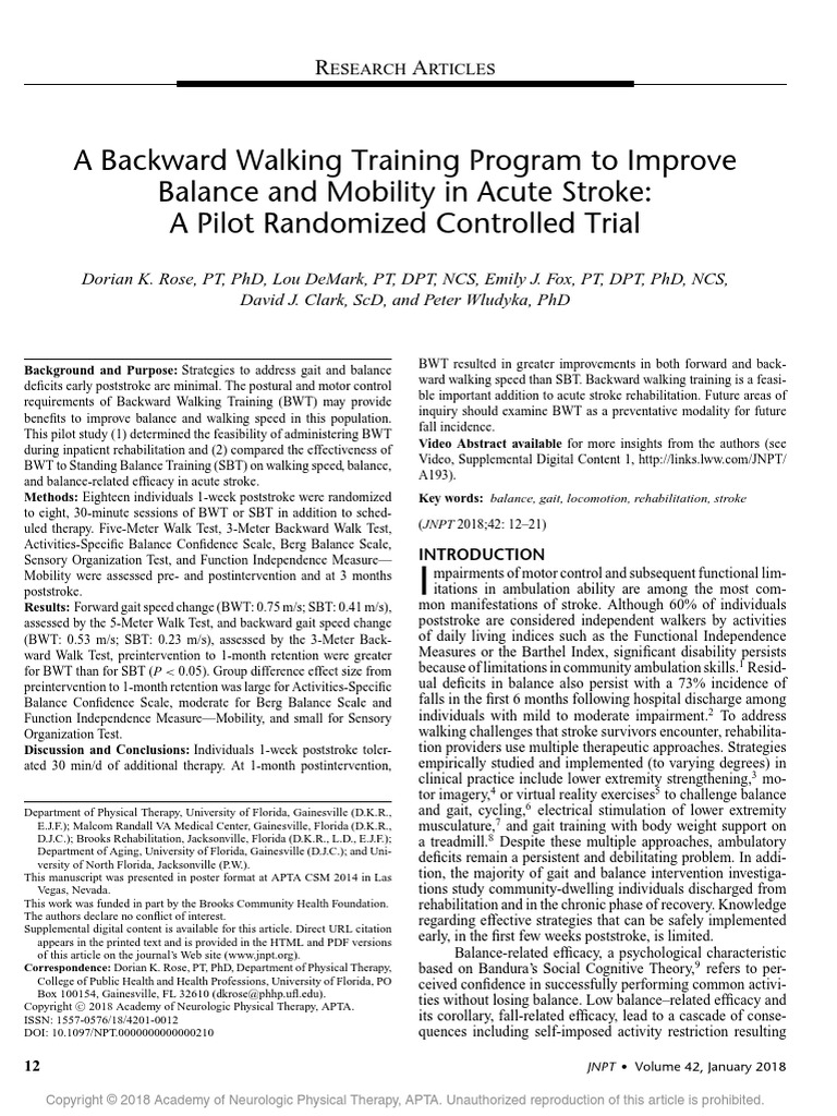 A Backward Walking Training Program To Improve | PDF | Balance (Ability ...
