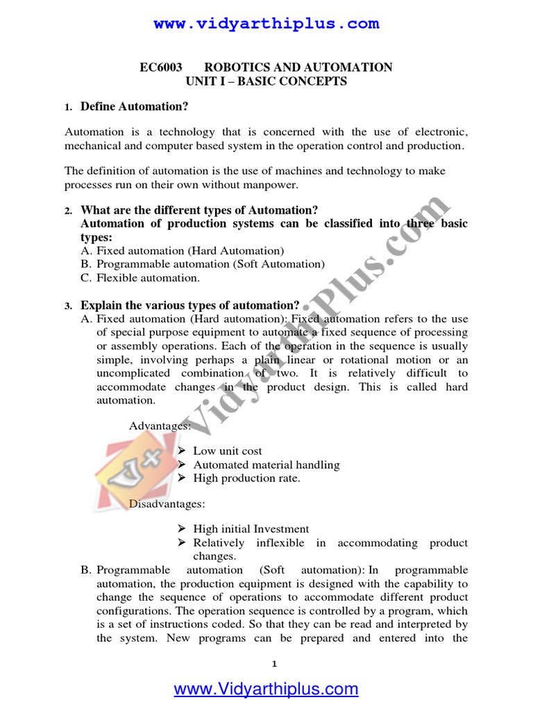 Robotics and Automation-Unit 1 - Question Bank | PDF | Actuator | Automation
